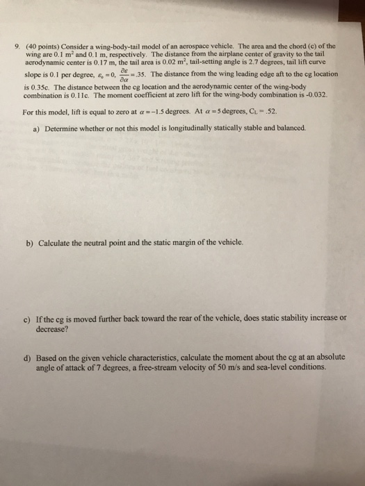 Solved 9. (40 points) Consider a wing-body-tail model of an | Chegg.com