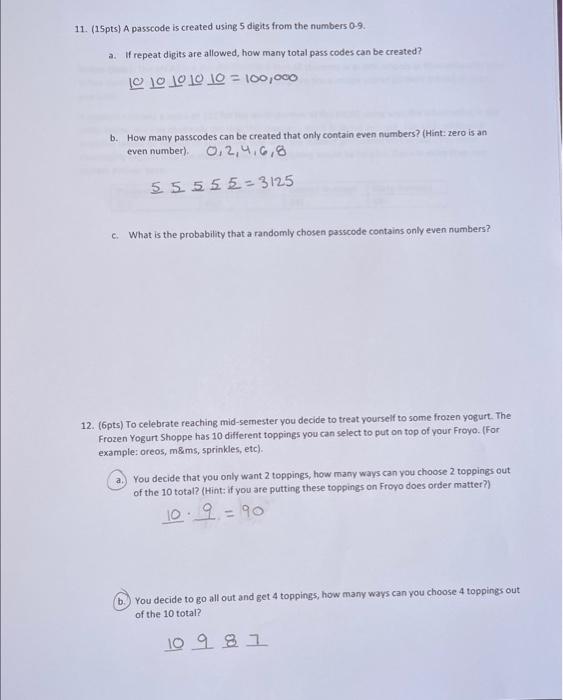 Solved 11. (15pts) A passcode is created using 5 digits from | Chegg.com