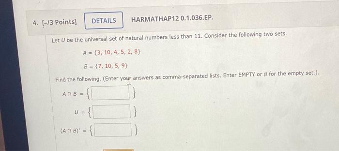 Solved Let U be the universal set of natural numbers less | Chegg.com
