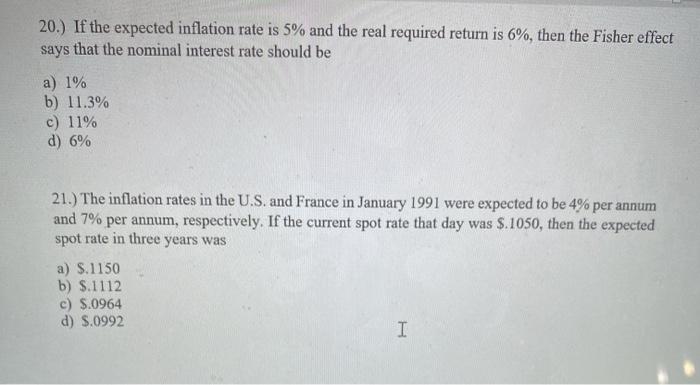 Solved 20.) If the expected inflation rate is 5% and the | Chegg.com