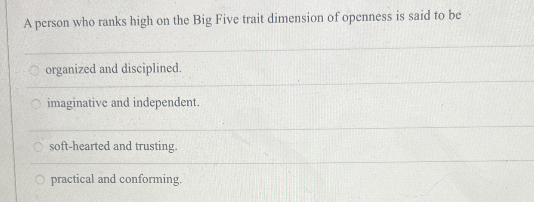 Solved A person who ranks high on the Big Five trait | Chegg.com