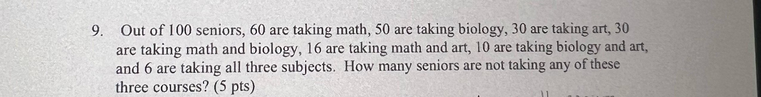 Solved Out of 100 ﻿seniors, 60 ﻿are taking math, 50 ﻿are | Chegg.com