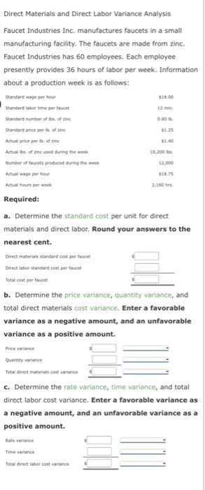 Solved Direct Materials and Direct Labor Variance Analysis | Chegg.com