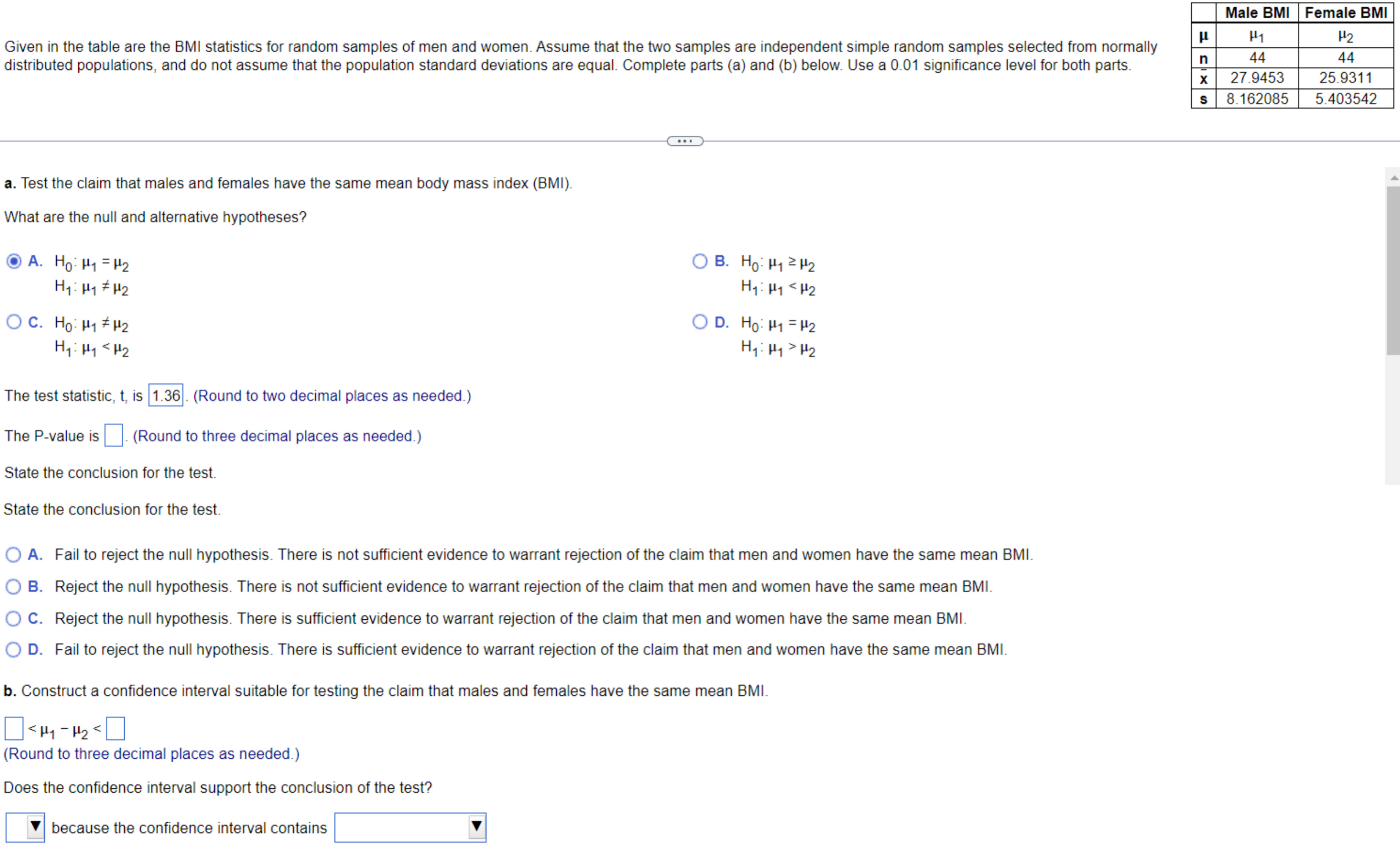Solved Given in the table are the BMI statistics for random | Chegg.com