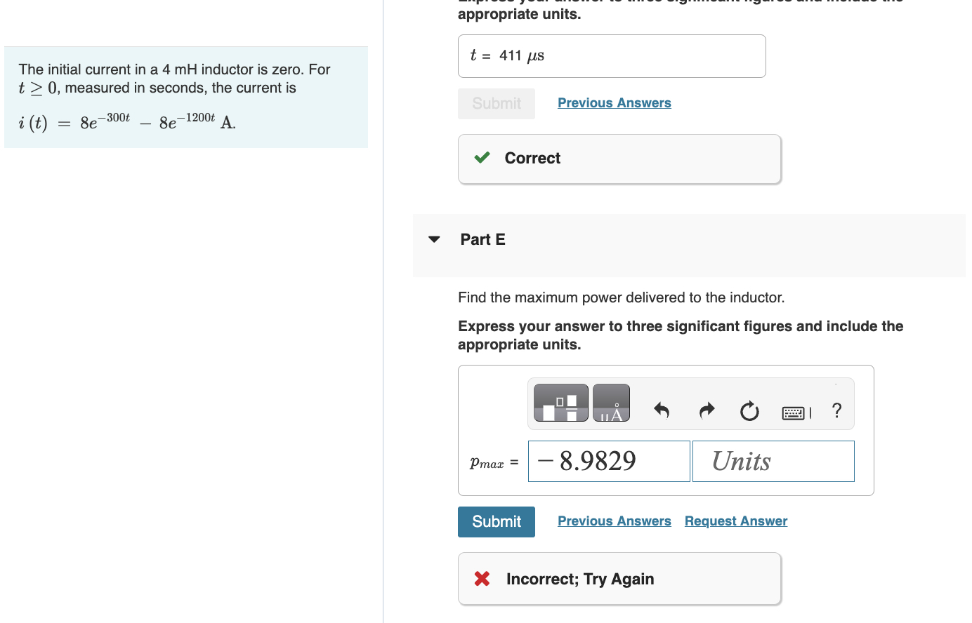 Solved appropriate units.The initial current in a 4mH | Chegg.com