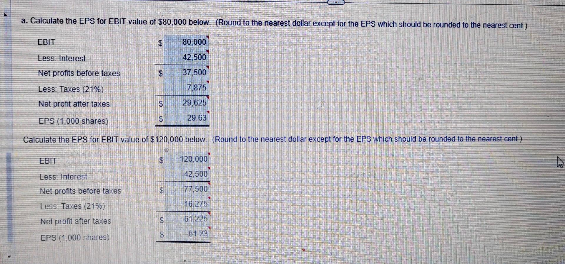 Solved \r\na. Calculate the EPS for EBIT value of \\( \\$ | Chegg.com