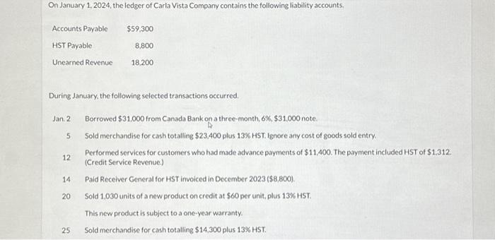 Solved On January 1, 2024, the ledger of Carla Vista Company | Chegg.com