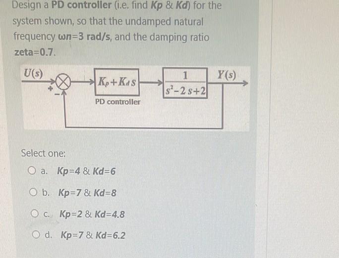 Solved Design a PD controller (i.e, find Kp&Kd ) for the | Chegg.com