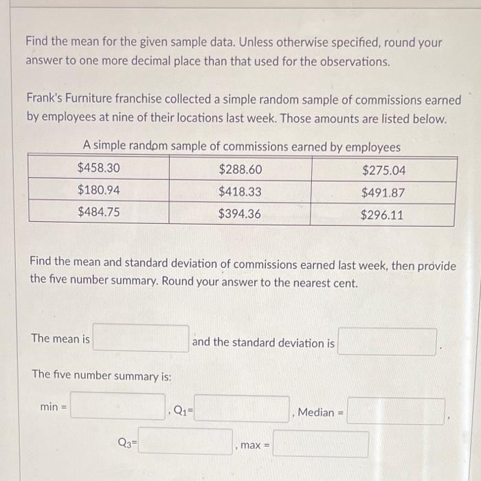 Solved Find the mean for the given sample data. Unless | Chegg.com