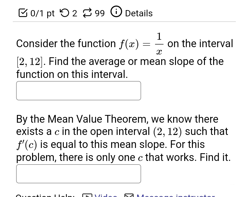 Solved Consider the function f(x)=1x ﻿on the interval2,12. | Chegg.com