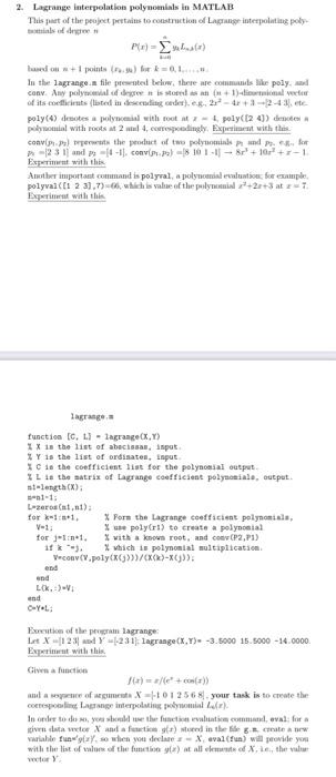 Solved 2 Lagrange Interpolation Polynomials In Matlab This