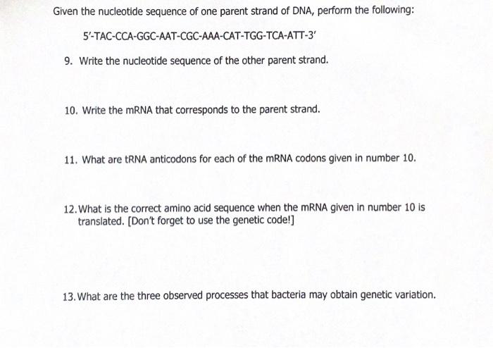 Solved Given the nucleotide sequence of one parent strand of | Chegg.com