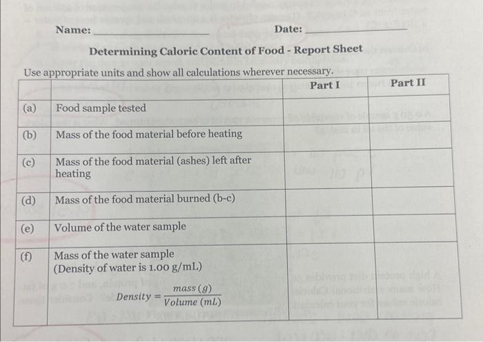 Solved Determining Caloric Content of Food - Report | Chegg.com