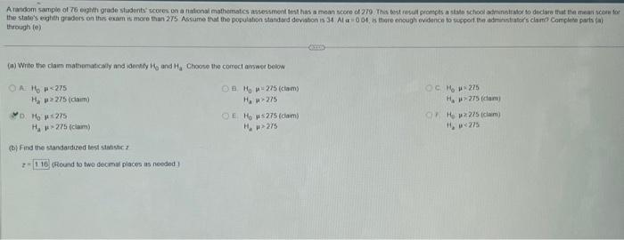 Solved thraugh (e) (a) Write the claim mathemancily and | Chegg.com