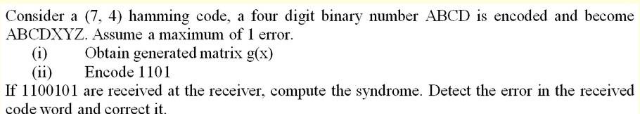 Solved Consider a (7, 4) hamming code, a four digit binary | Chegg.com
