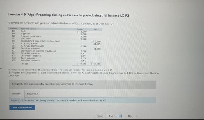 Solved Exercise 4-9 (Algo) Preparing closing entries and a | Chegg.com