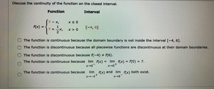 Solved Discuss the continuity of the function on the closed | Chegg.com