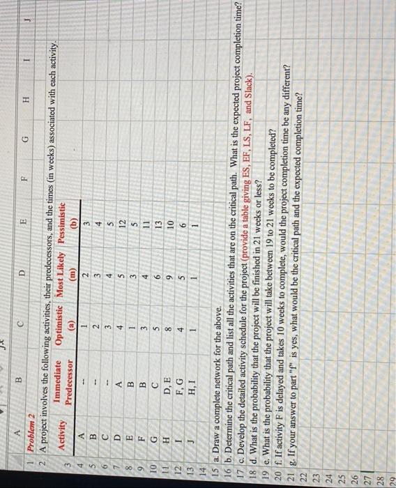 Solved B C D E F G 1 Problem 2 2 A project involves the | Chegg.com