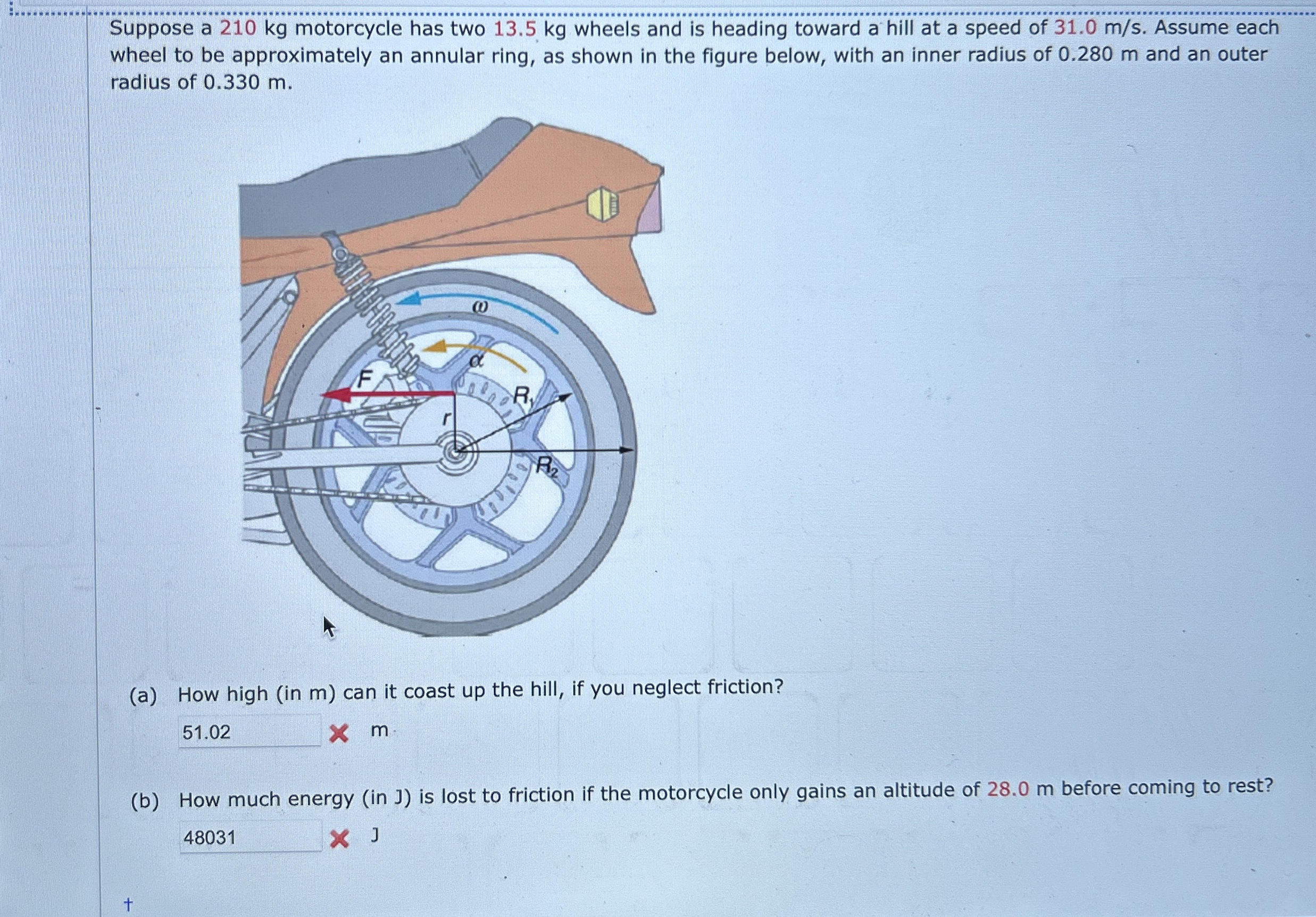Solved by an EXPERT Suppose a 210 ﻿kg motorcycle has two 13.5 ﻿kg wheels | Chegg.com