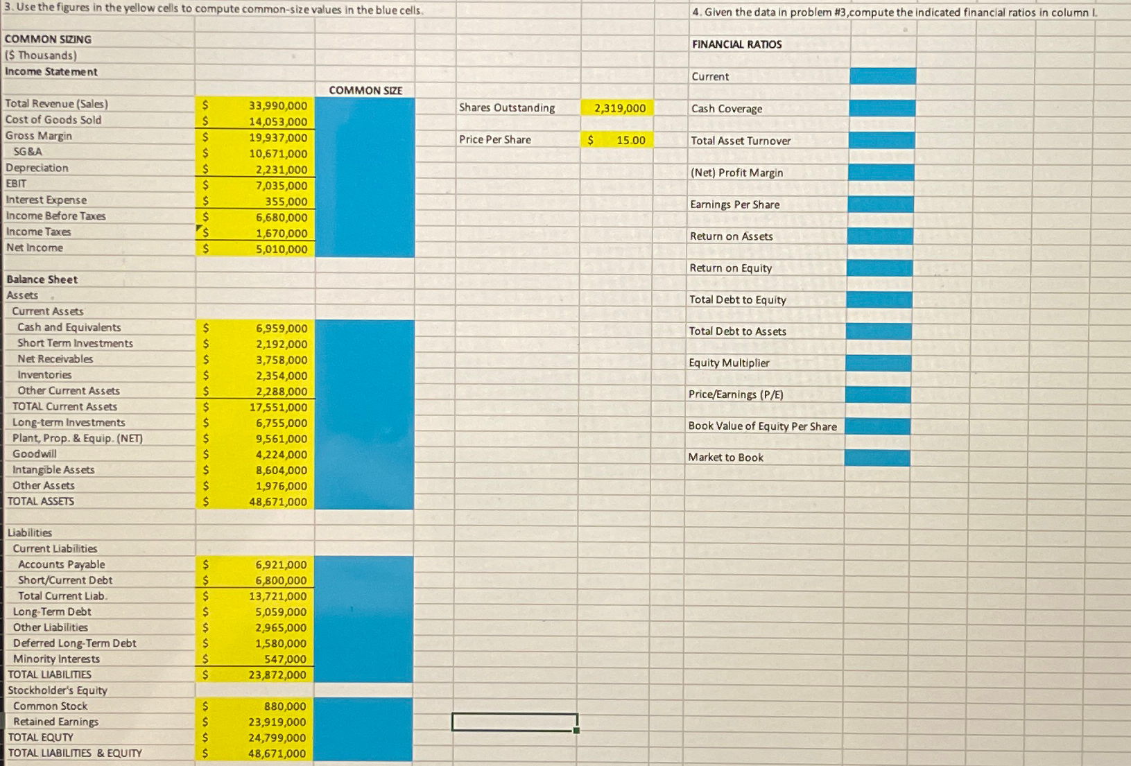 Use the figures in the yellow cells to compute | Chegg.com