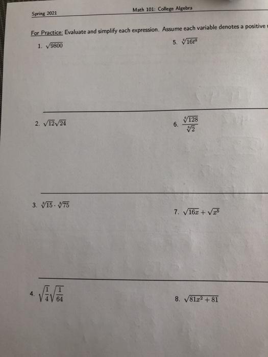 Solved Math 101: College Algebra Spring 2021 For Practice: | Chegg.com