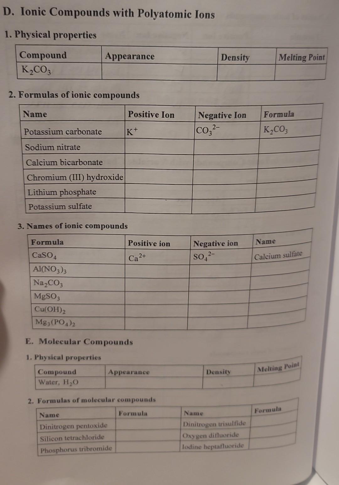 Solved D. Ionic Compounds with Polyatomic Ions 1. Physical | Chegg.com