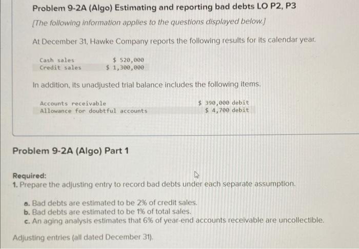 Solved Problem 9-2A (Algo) Estimating and reporting bad | Chegg.com