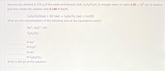 Solved Assume you dissolve 0.235 g of the weak acid benzoic | Chegg.com