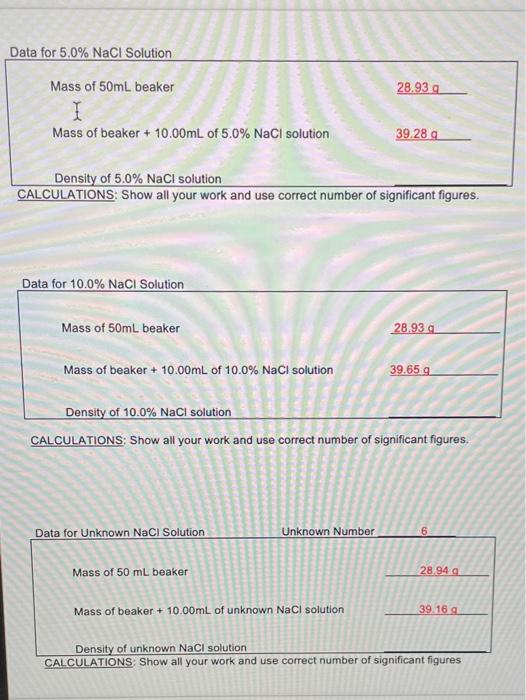 Solved Density of NaCl Solutions You will now prepare two | Chegg.com