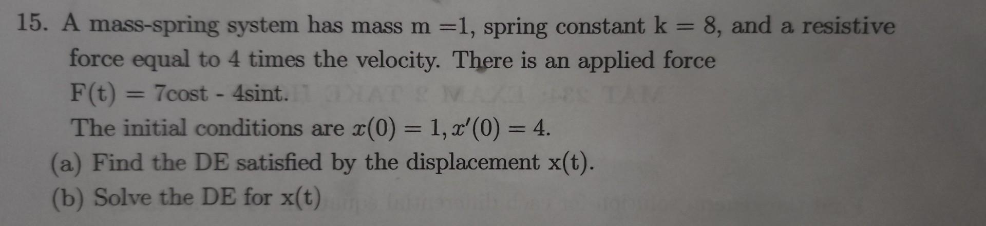 Solved 15 A Mass Spring System Has Mass M 1 Spring