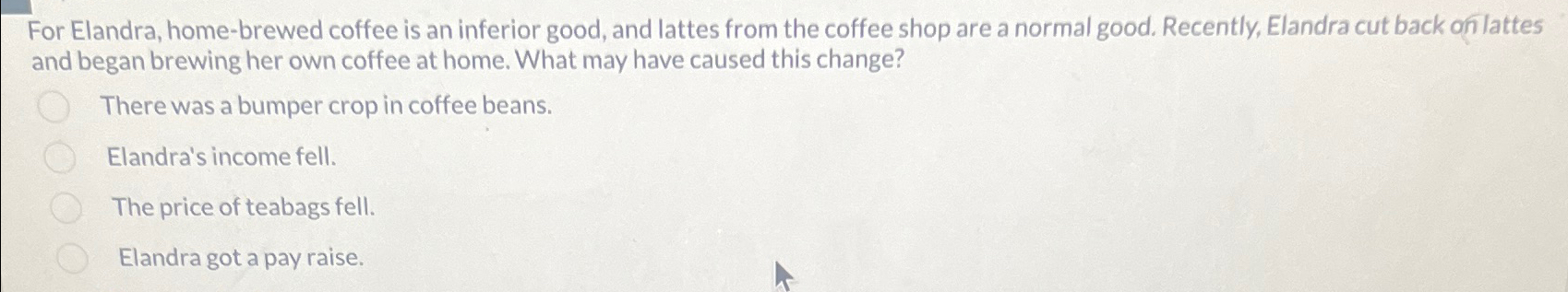 Solved For Elandra, home-brewed coffee is an inferior good, | Chegg.com