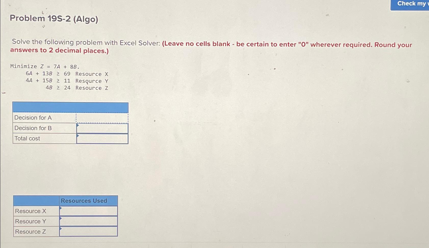 Solved Problem 19S-2 (Algo)Solve the following problem with | Chegg.com