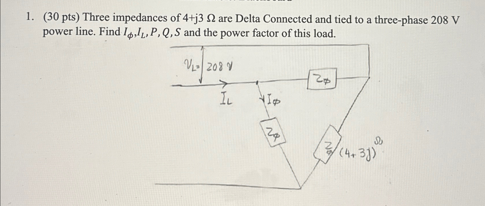 Solved (30 ﻿pts) ﻿Three impedances of 4+j3Ω ﻿are Delta | Chegg.com