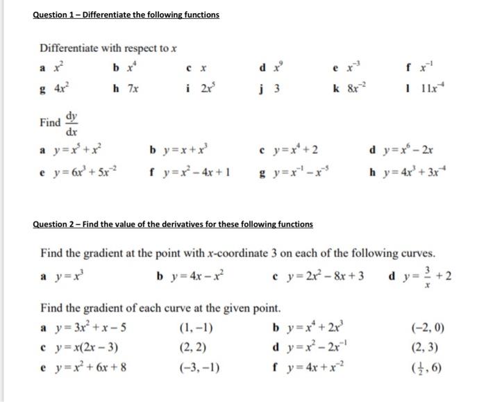 Solved Question 1- Differentiate the following functions | Chegg.com