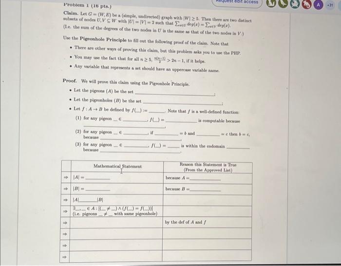 Solved Problem 1 (16 pts.) Claim. Let G=(W, E) be a (simple, | Chegg.com