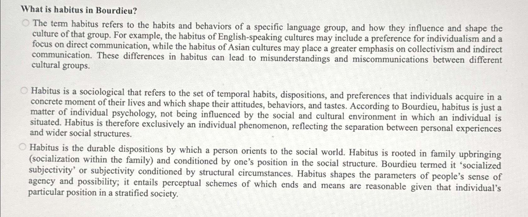Solved What is habitus in Bourdieu?The term habitus refers | Chegg.com