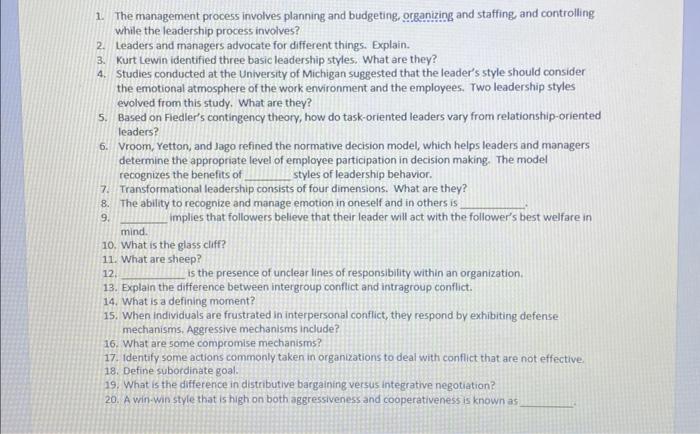 Solved 1. The management process involves planning and | Chegg.com