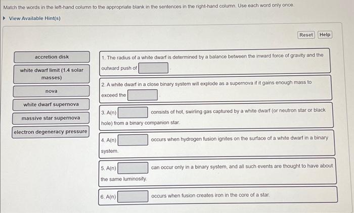 Solved Match the words in the left-hand column to the | Chegg.com