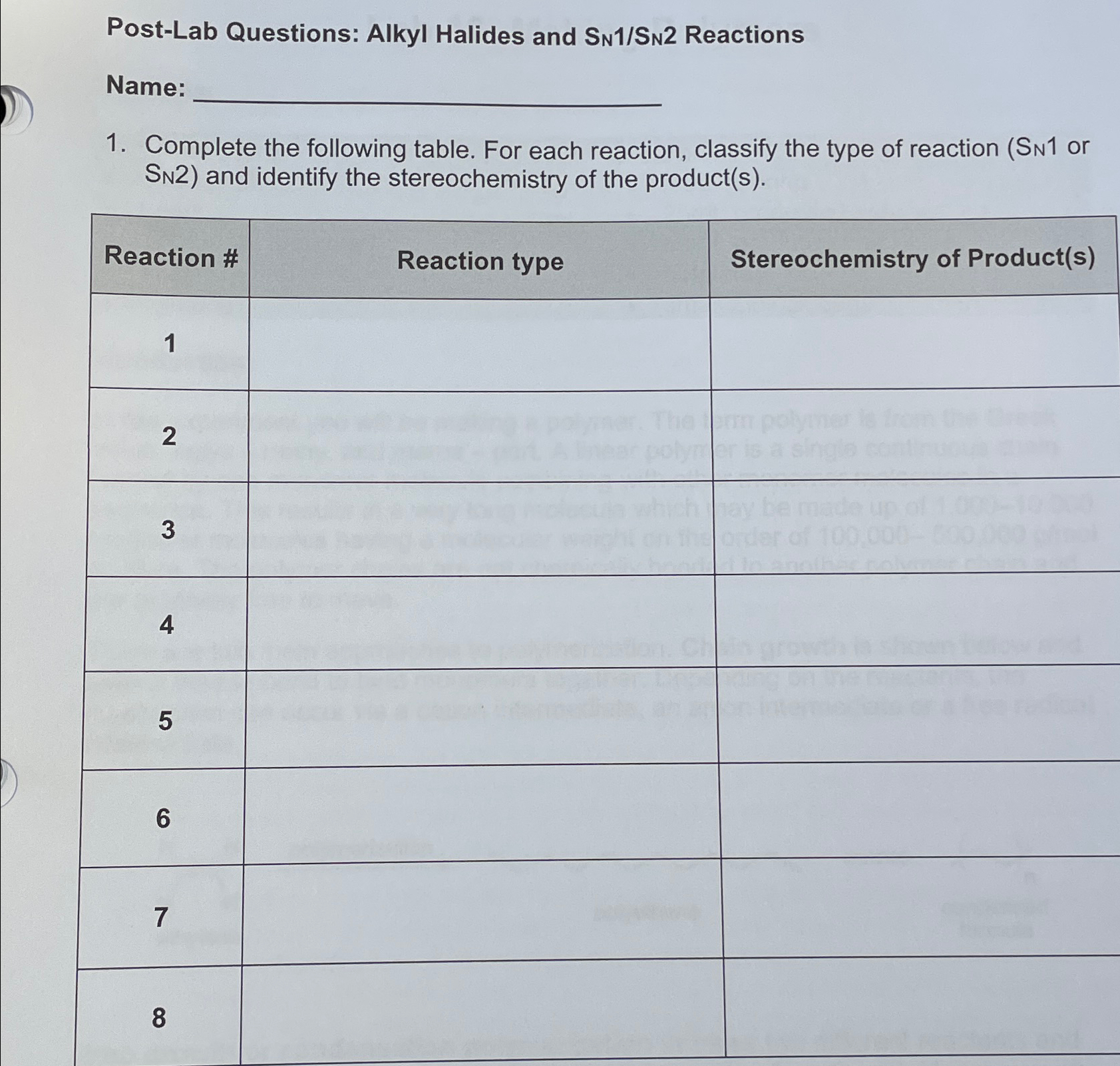 Post-Lab Questions: Alkyl Halides and SN1SN2 | Chegg.com