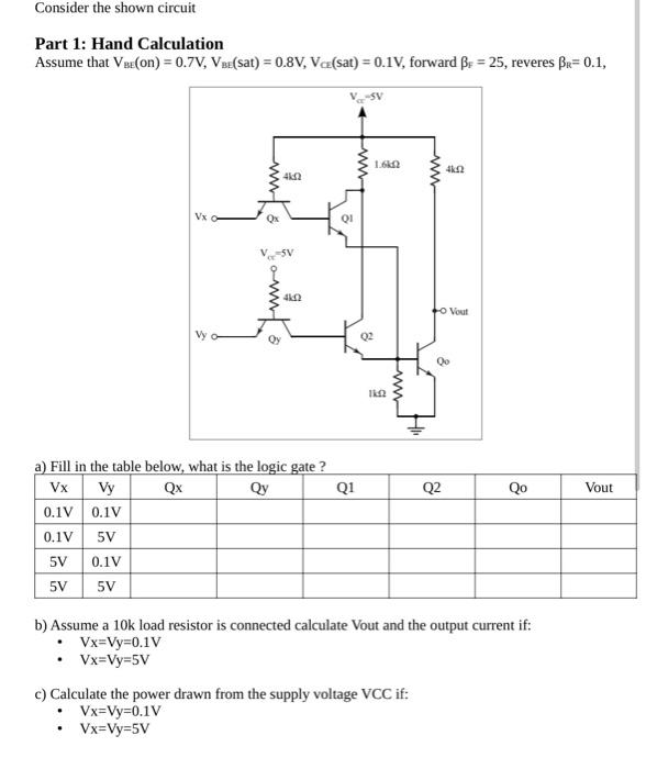 Solved Part 1: Hand Calculation Assume that VBE(on)=0.7 V, | Chegg.com