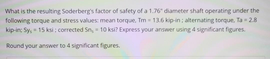 Solved What is the resulting Soderberg's factor of safety of | Chegg.com