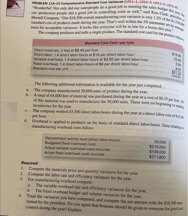 Solved PROBLEM 11A-10 Comprehensive Standard Cost Variances | Chegg.com
