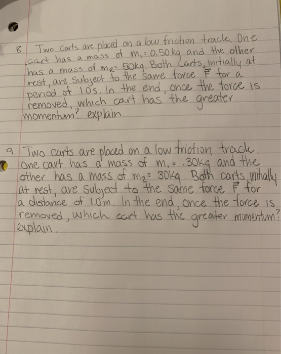 Solved two carts are placed on a low friction track. One | Chegg.com