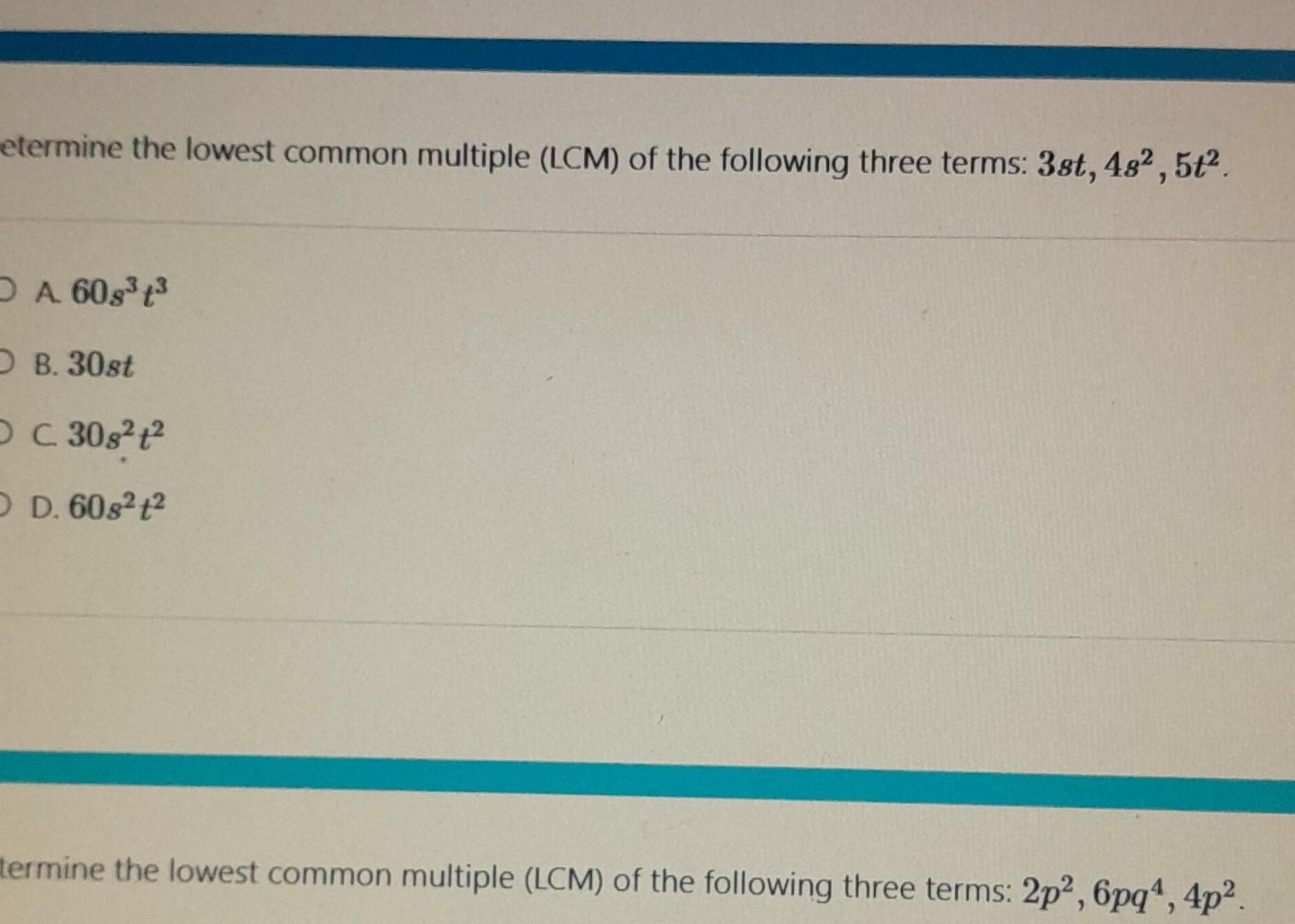 Solved etermine the lowest common multiple (LCM) of the | Chegg.com