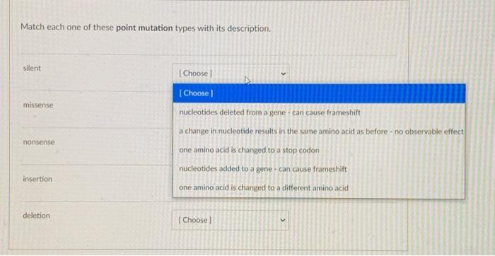 Solved Match each one of these point mutation types with its | Chegg.com