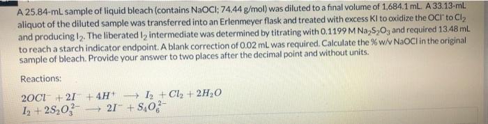 Solved A 25.84-mL sample of liquid bleach (contains | Chegg.com