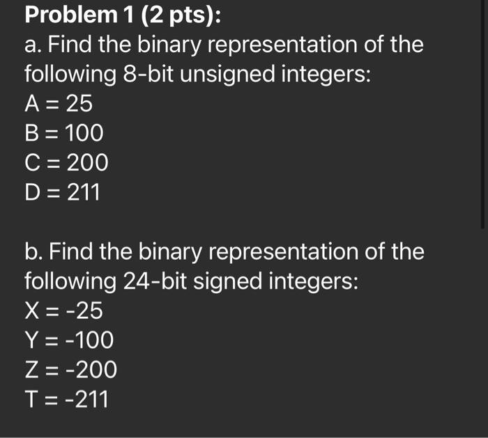 Solved Problem 1 (2 pts): a. Find the binary representation | Chegg.com