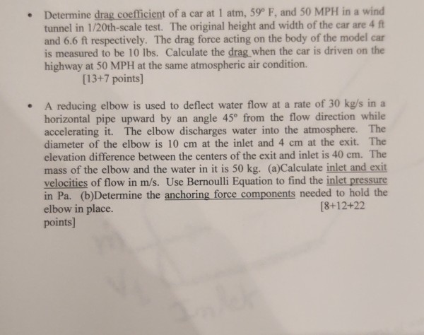 Solved Determine Drag Coefficient Of A Car At 1 Atm 59° F