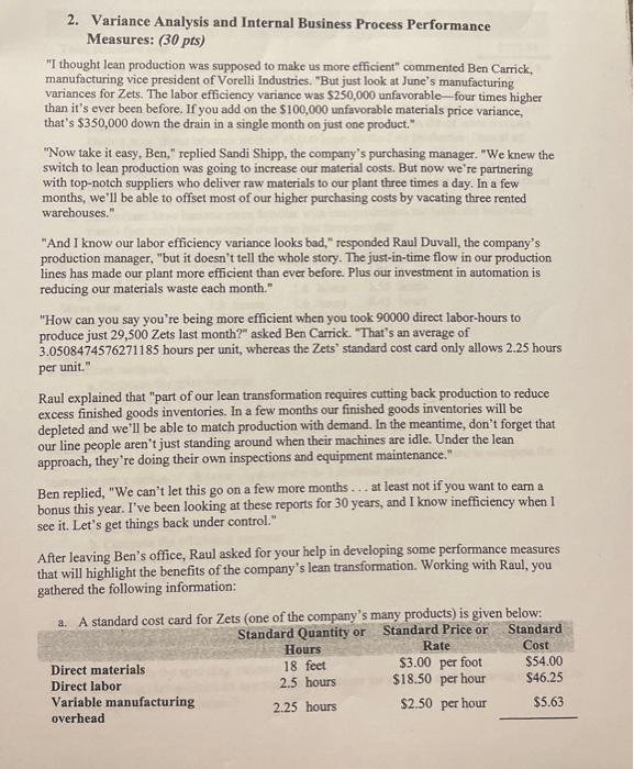 2. Variance Analysis and Internal Business Process | Chegg.com