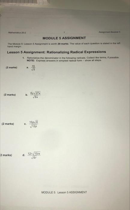 Solved Mathematics 20-2 Assignment Booklet 5 MODULE 5 | Chegg.com Solved Mathematics 20-2 Assignment Booklet 5 MODULE 5 | Chegg.com